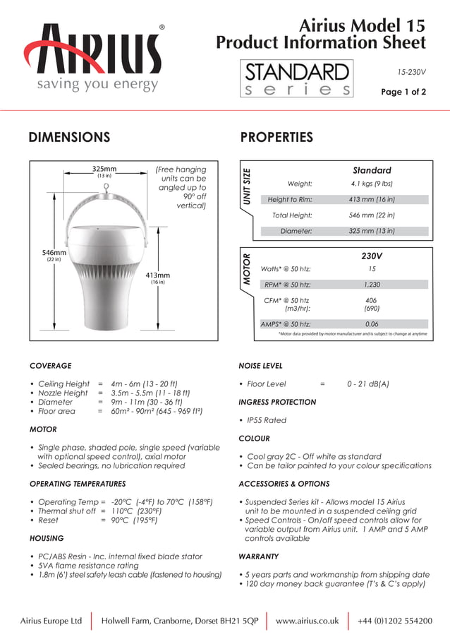 Airius Model 15 Product Information Sheet | PDF | Home Appliances ...