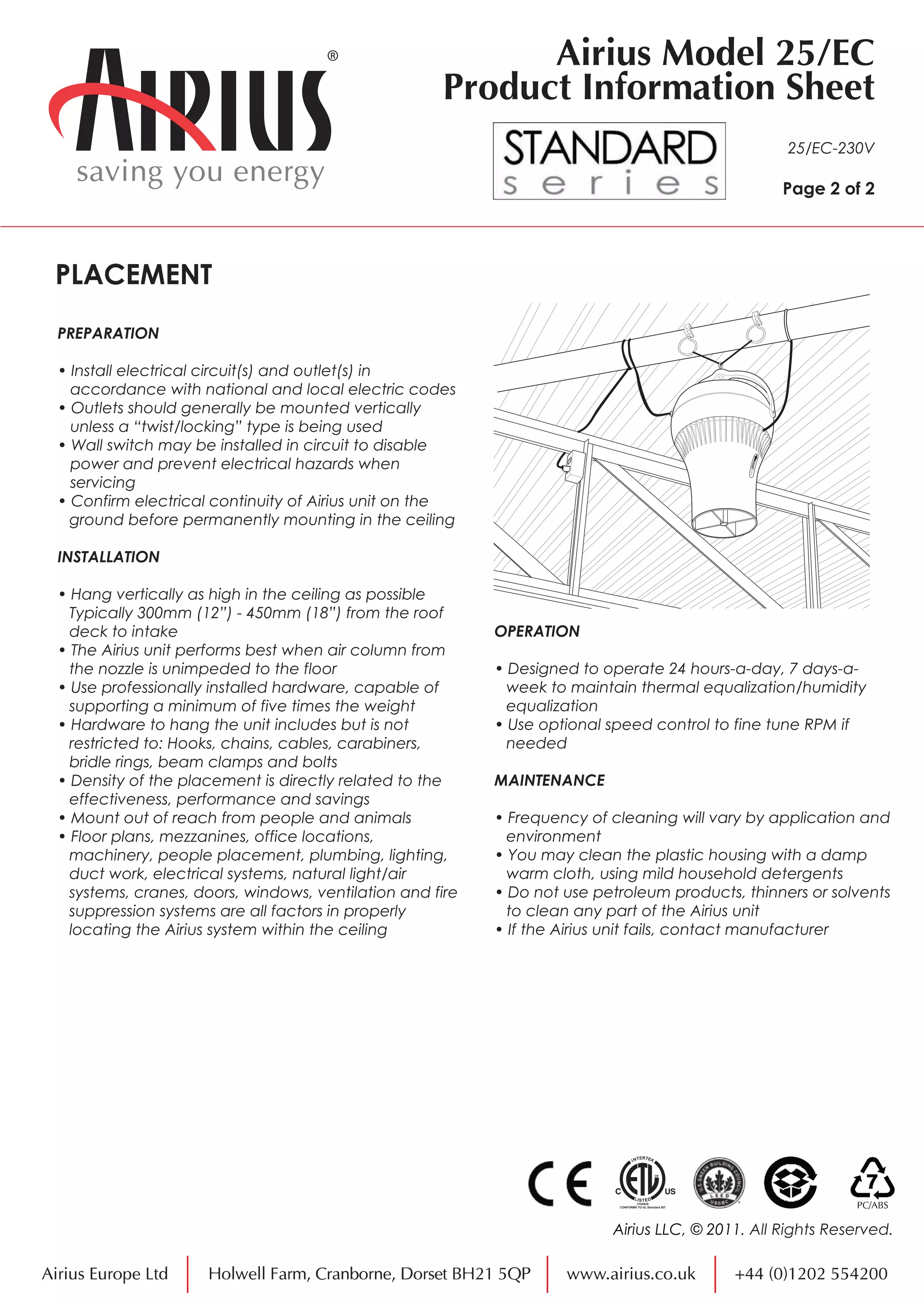 Airius Model 25/EC Product Information Sheet | PDF