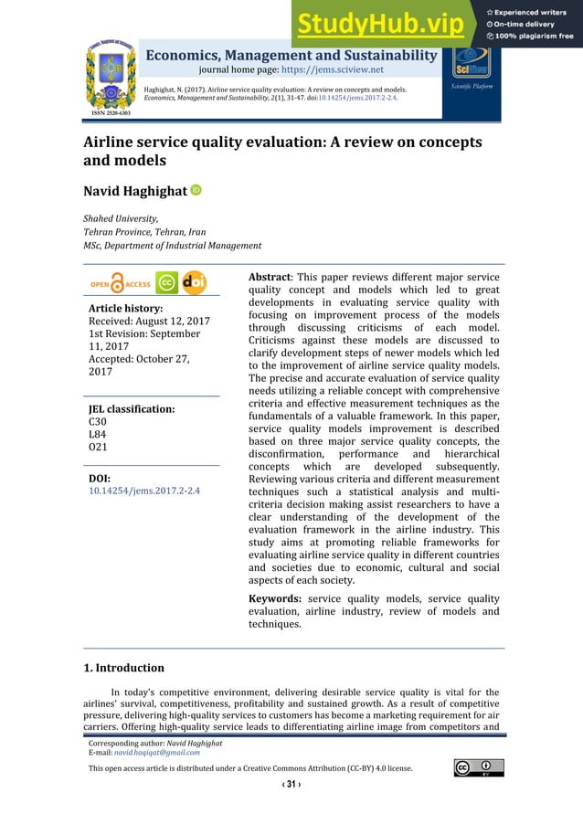 Airline Service Quality Evaluation A Review On Concepts And Models ...