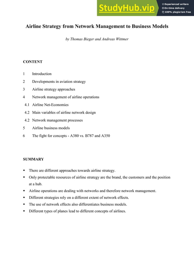 Airline Strategy From Network Management To Business Models | PDF