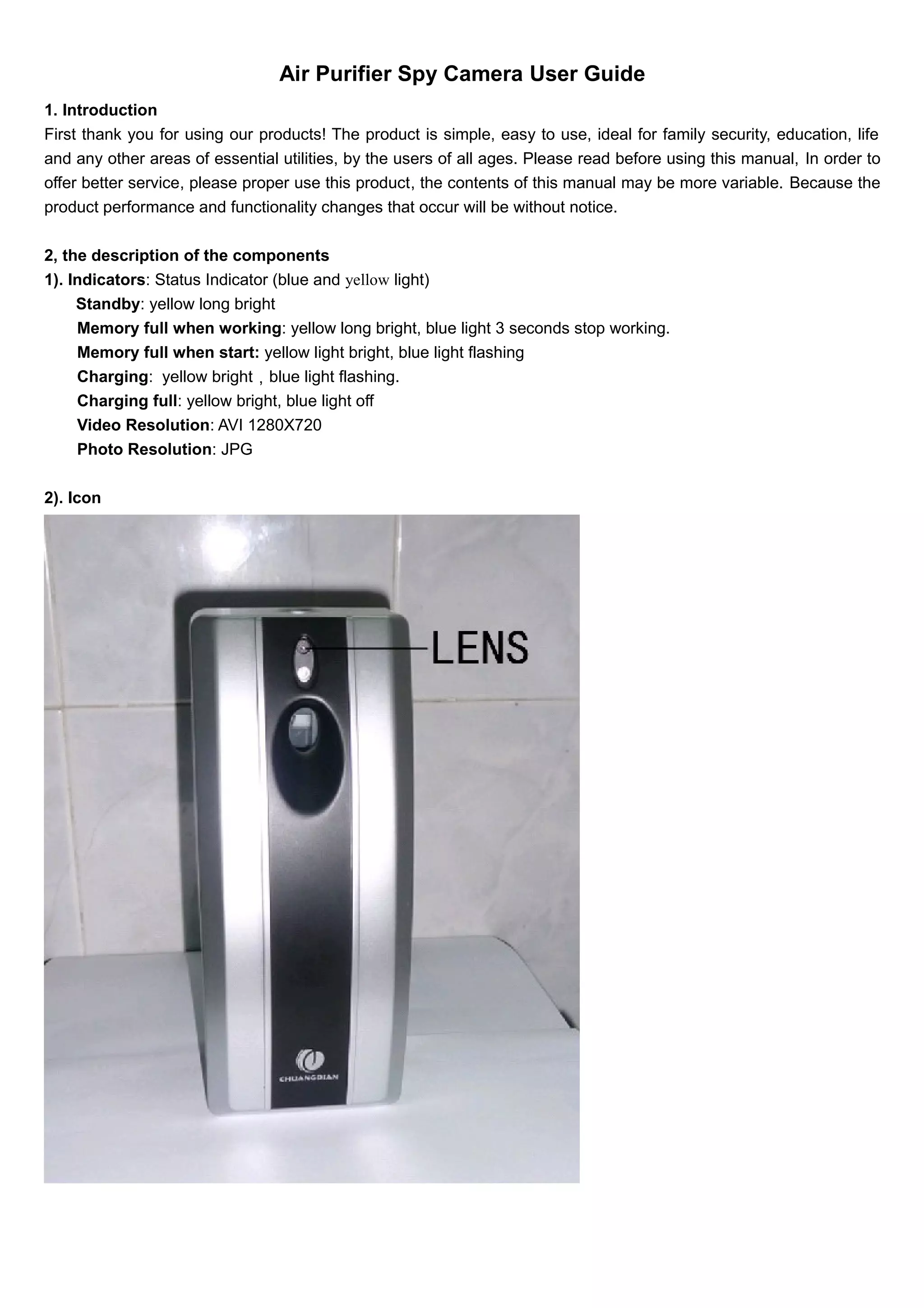 HD best toilet spy camera Air purifier spy camera user guide | DOC