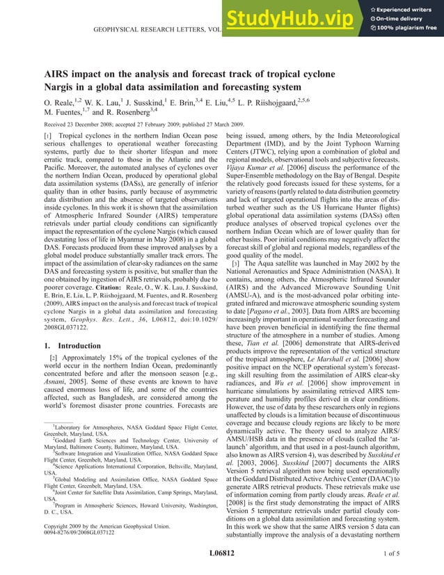 Airs Impact On The Analysis And Forecast Track Of Tropical Cyclone Nargis In A Global Data