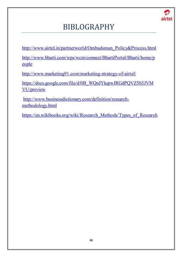 BBA Minor Project Report on Airtel | DOCX