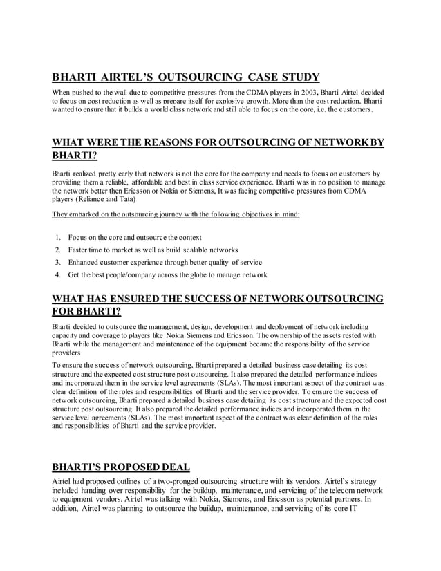 Airtel outsourcing case study | DOCX | Telecommunications Industry ...