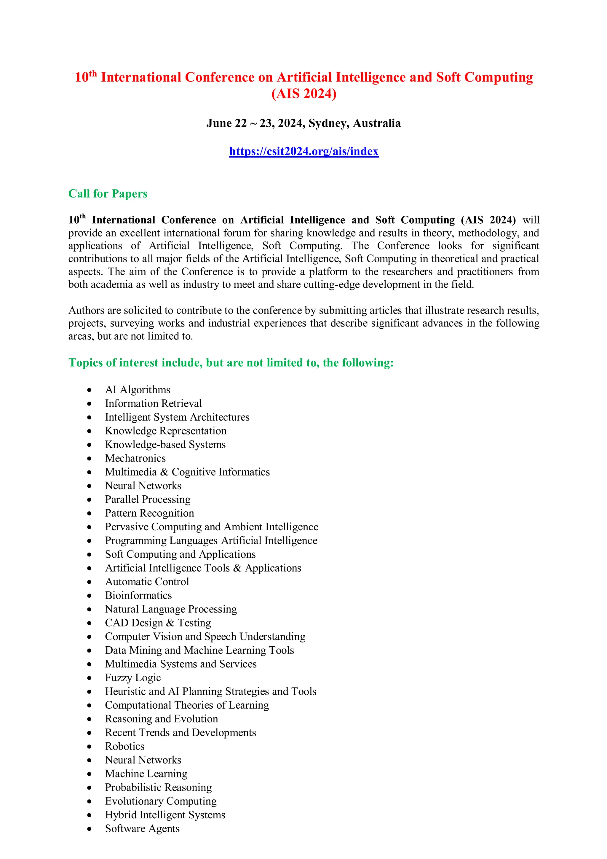 10th International Conference on Artificial Intelligence and Soft ...