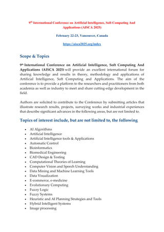 CFP - 9th International Conference on Artificial Intelligence, Soft Computing And Applications ...