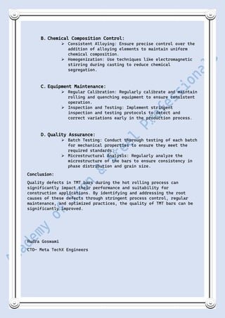 Quality defects in TMT Bars, Possible causes and Potential Solutions. | PDF