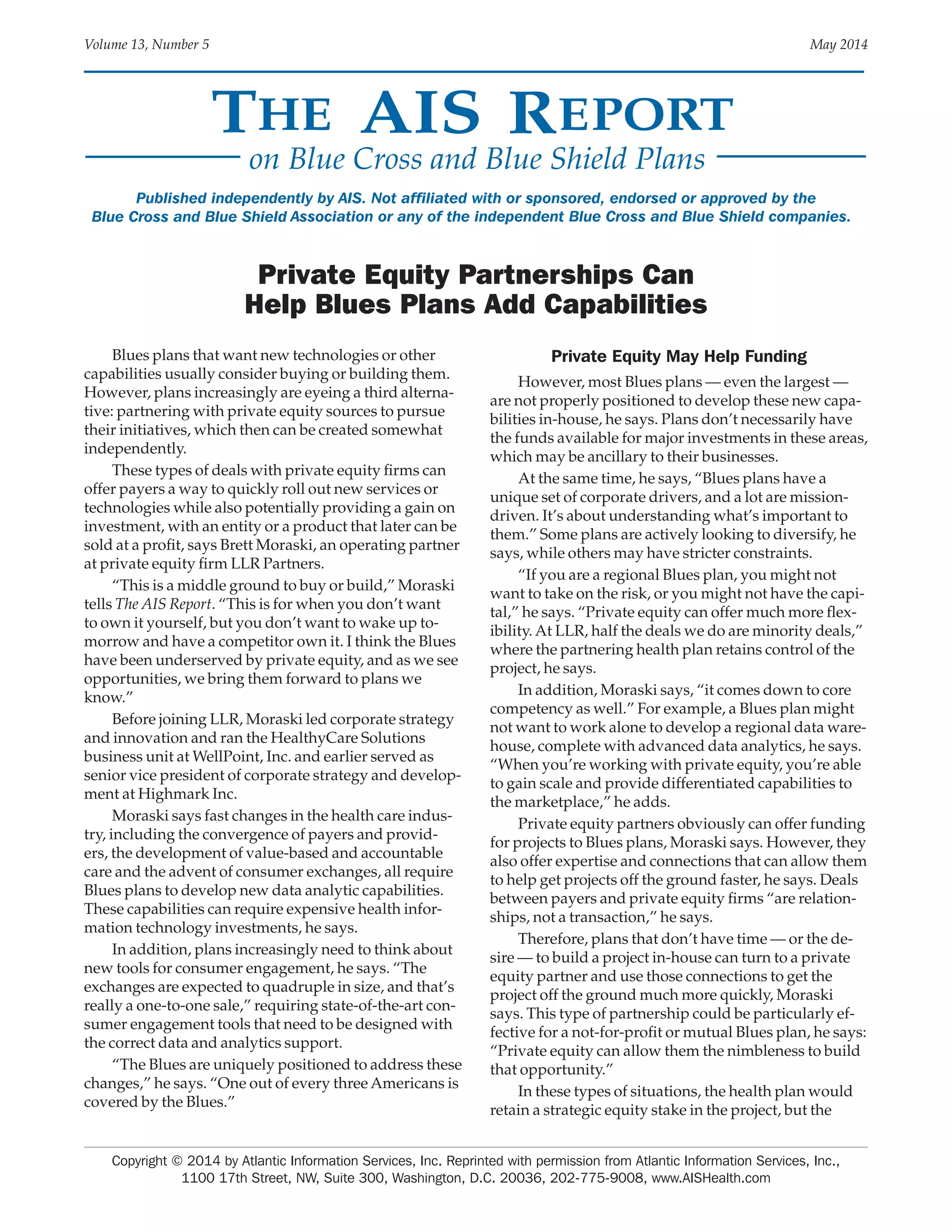 AIS Health: Private Equity Partnerships Can Help Blues Plans Add ...