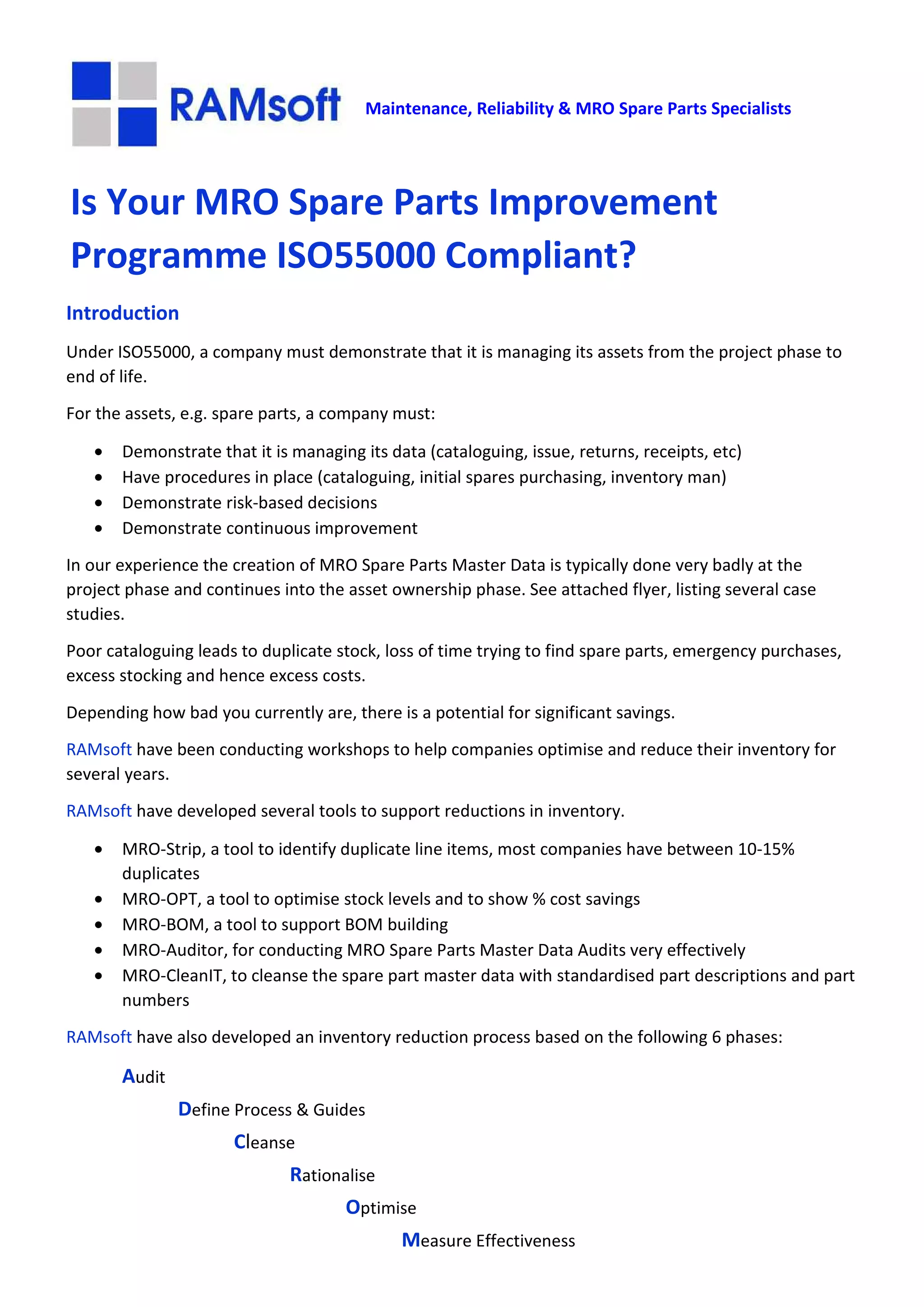 MRO Spare Parts Improvement Programme Conforms to ISO55000 | PDF