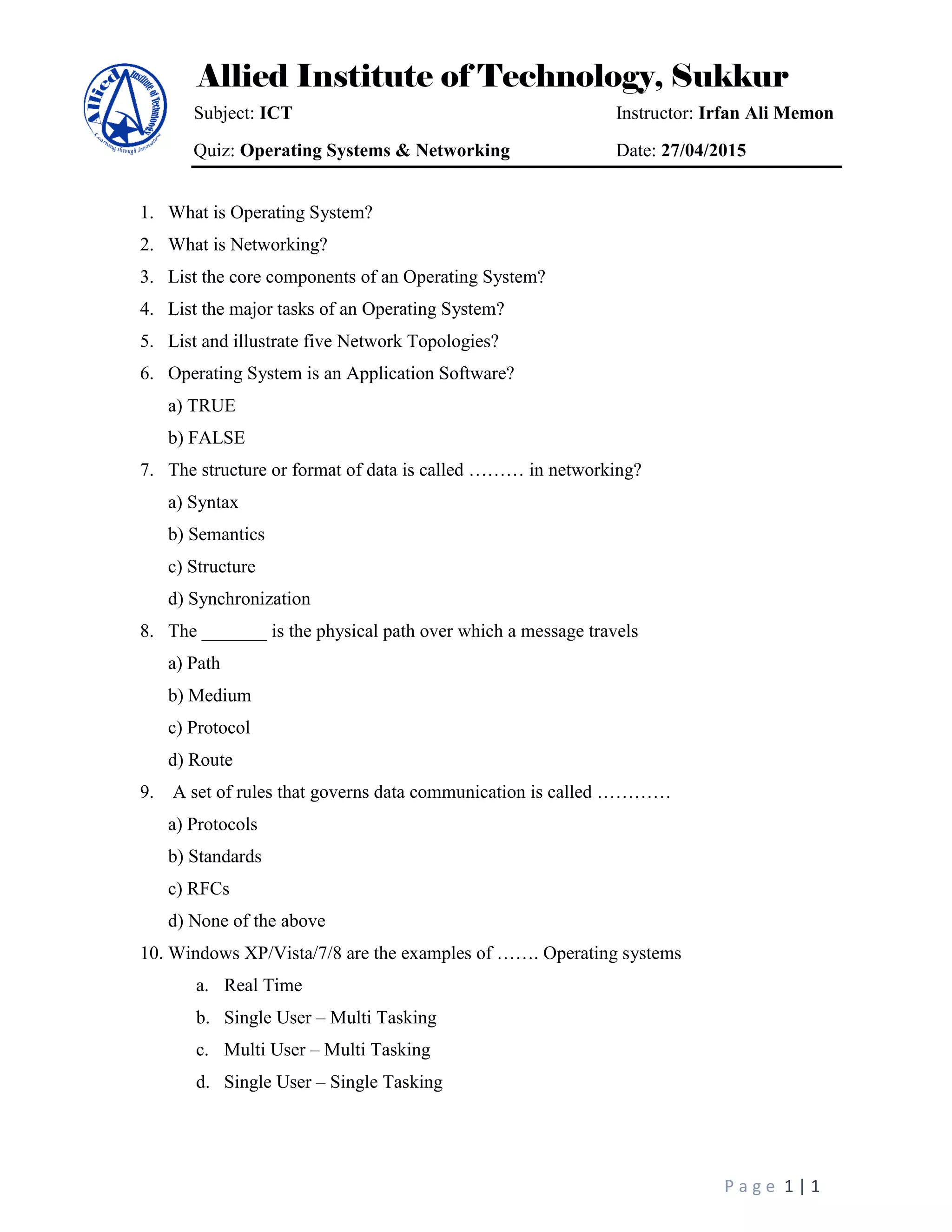 IT Ait ict quiz_two | PDF