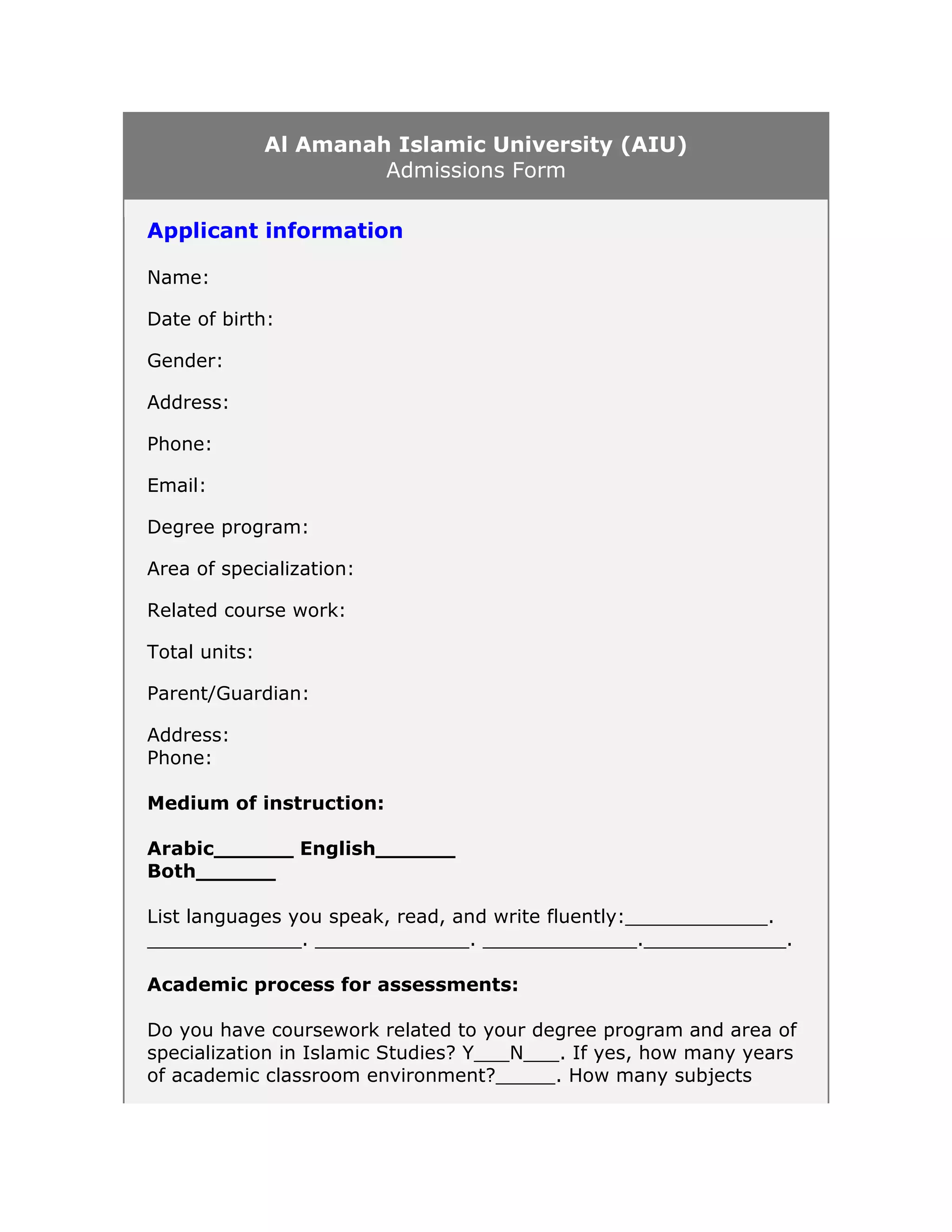 AIU Admission Form | PDF | Islam | Religion & Spirituality