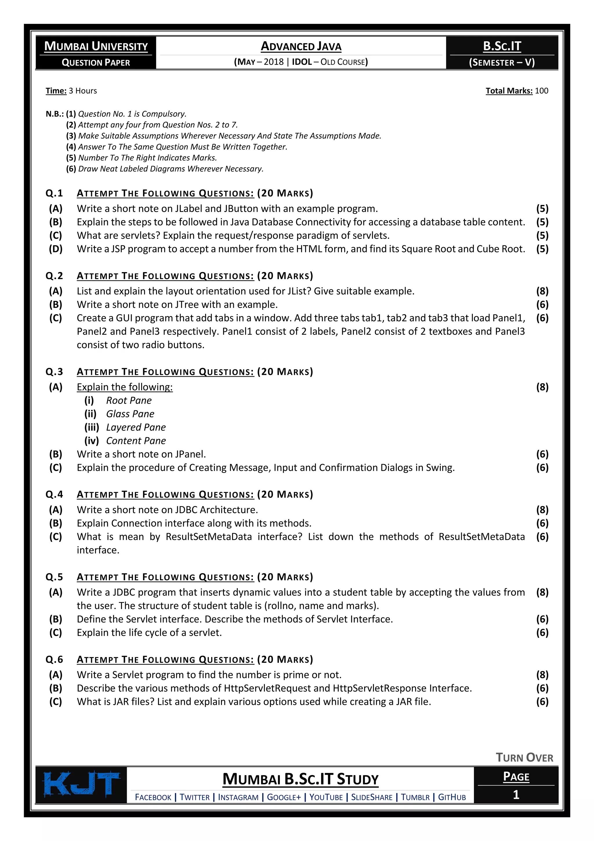 Advanced Java (May - 2018) [IDOL: Old Course | Question Paper] | PDF