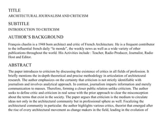 Architectural Journalism, Research Writing, and Paper Review in ...