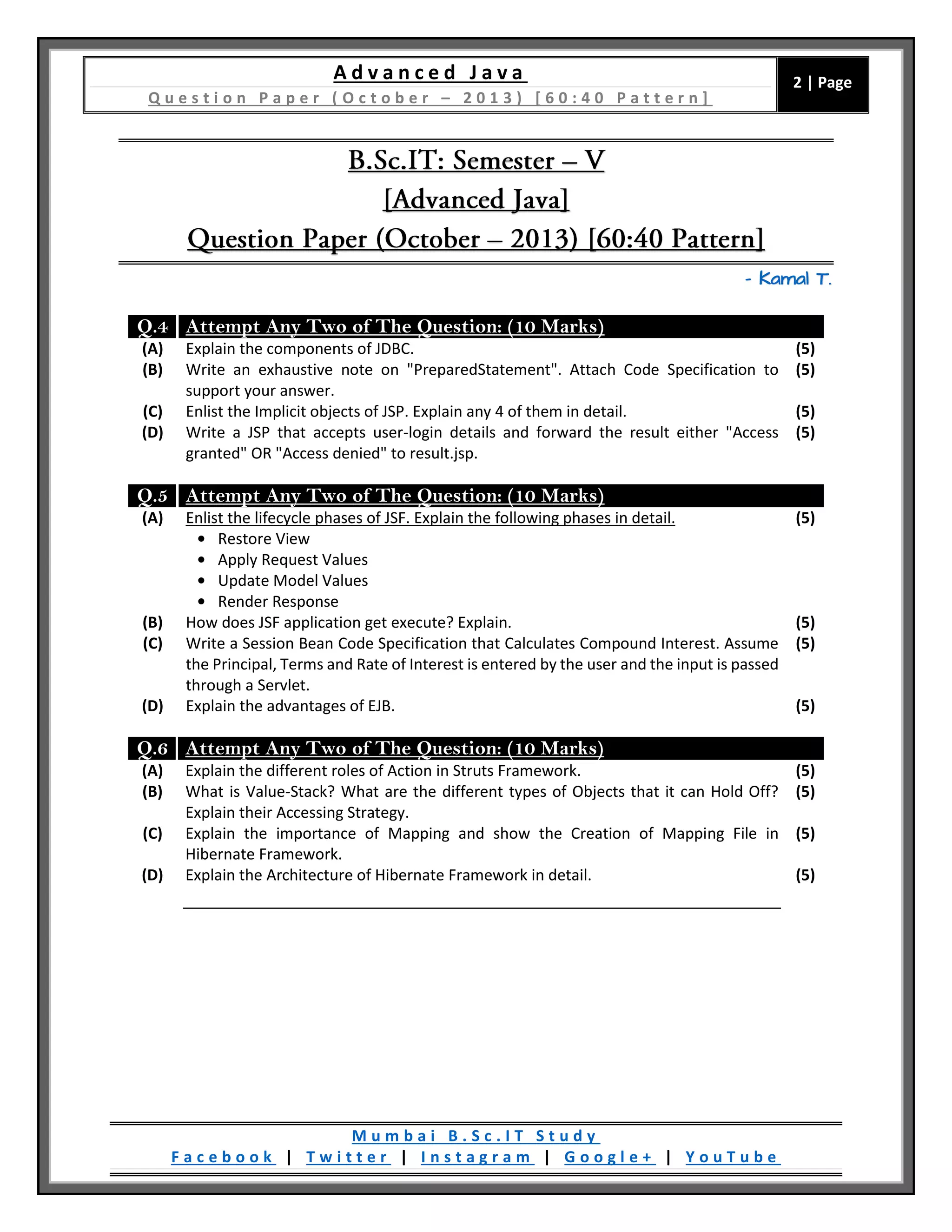 [Question Paper] Advanced Java (60:40 Pattern) [October / 2013] | PDF