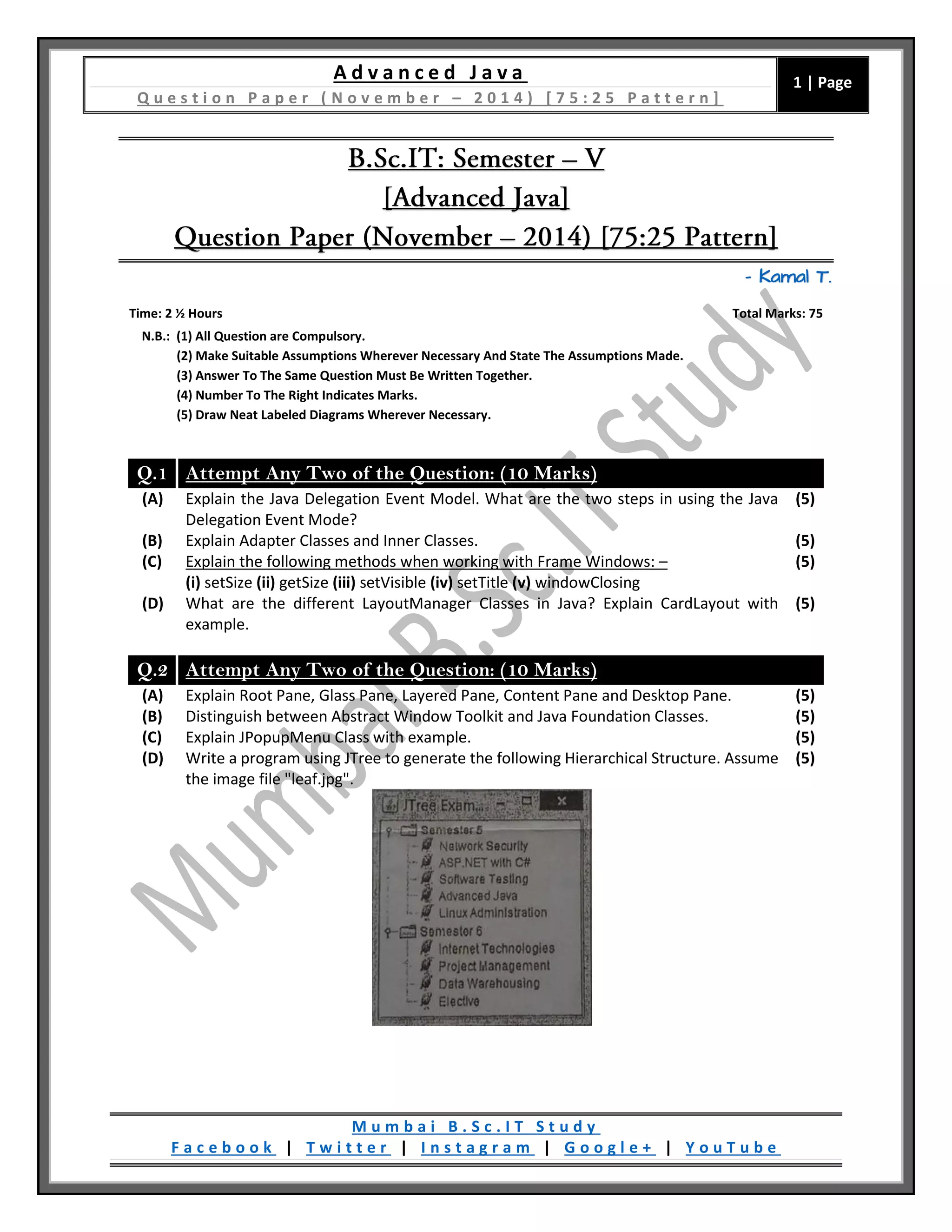 [Question Paper] Advanced Java (75:25 Pattern) [November / 2014] | PDF