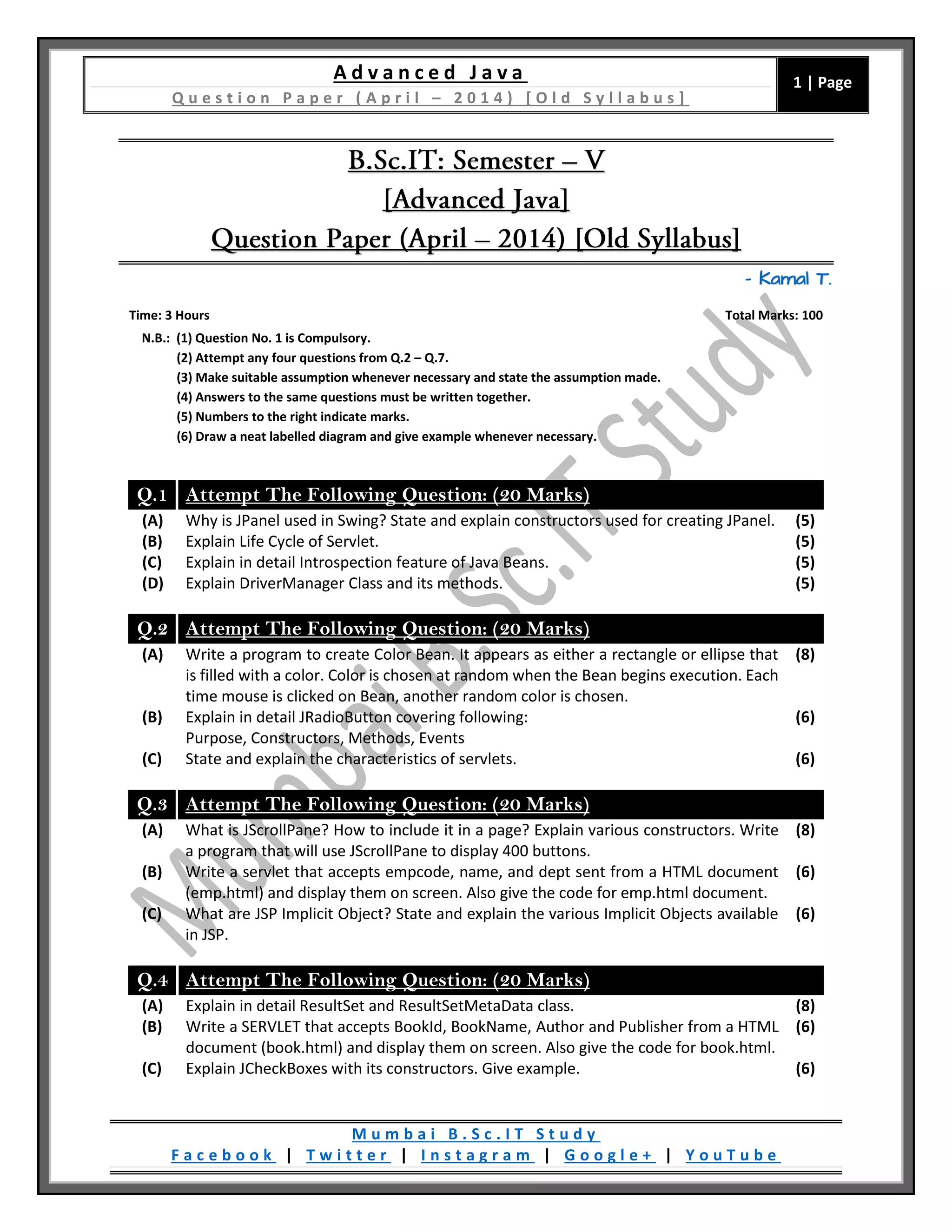 [Question Paper] Advanced Java (Old Syllabus) [April / 2014] | PDF