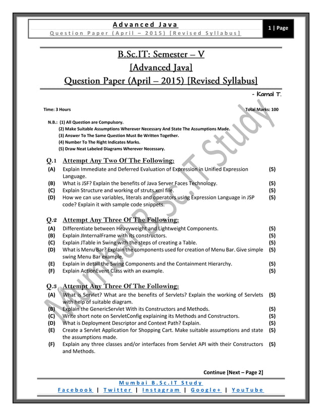 Advanced Java (Revised Syllabus) [QP / April - 2015] | PDF