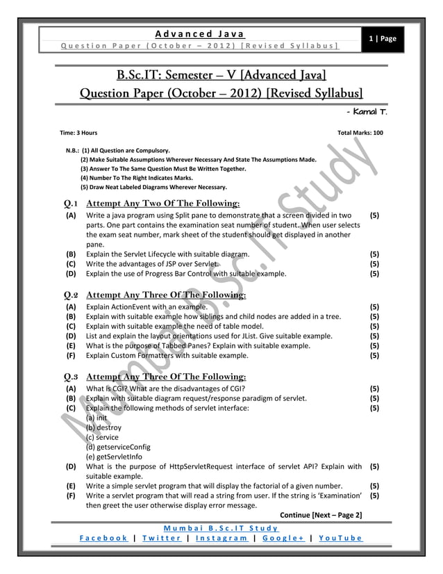 Advanced Java (Revised Syllabus) [QP / October - 2012] | PDF