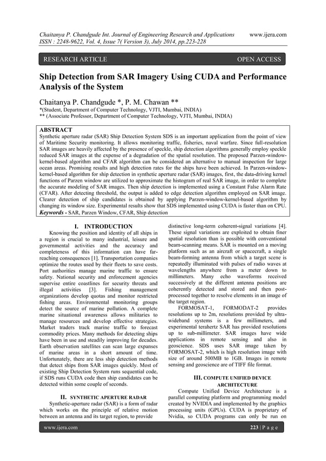 Ship Detection From Sar Imagery Using Cuda And Performance Analysis Of The System Pdf