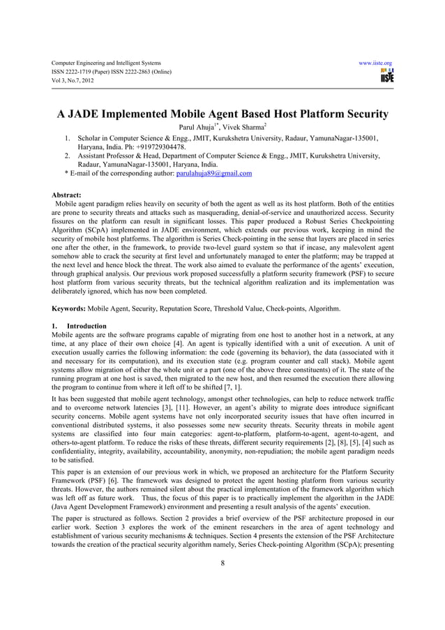 A jade implemented mobile agent based host platform security | PDF
