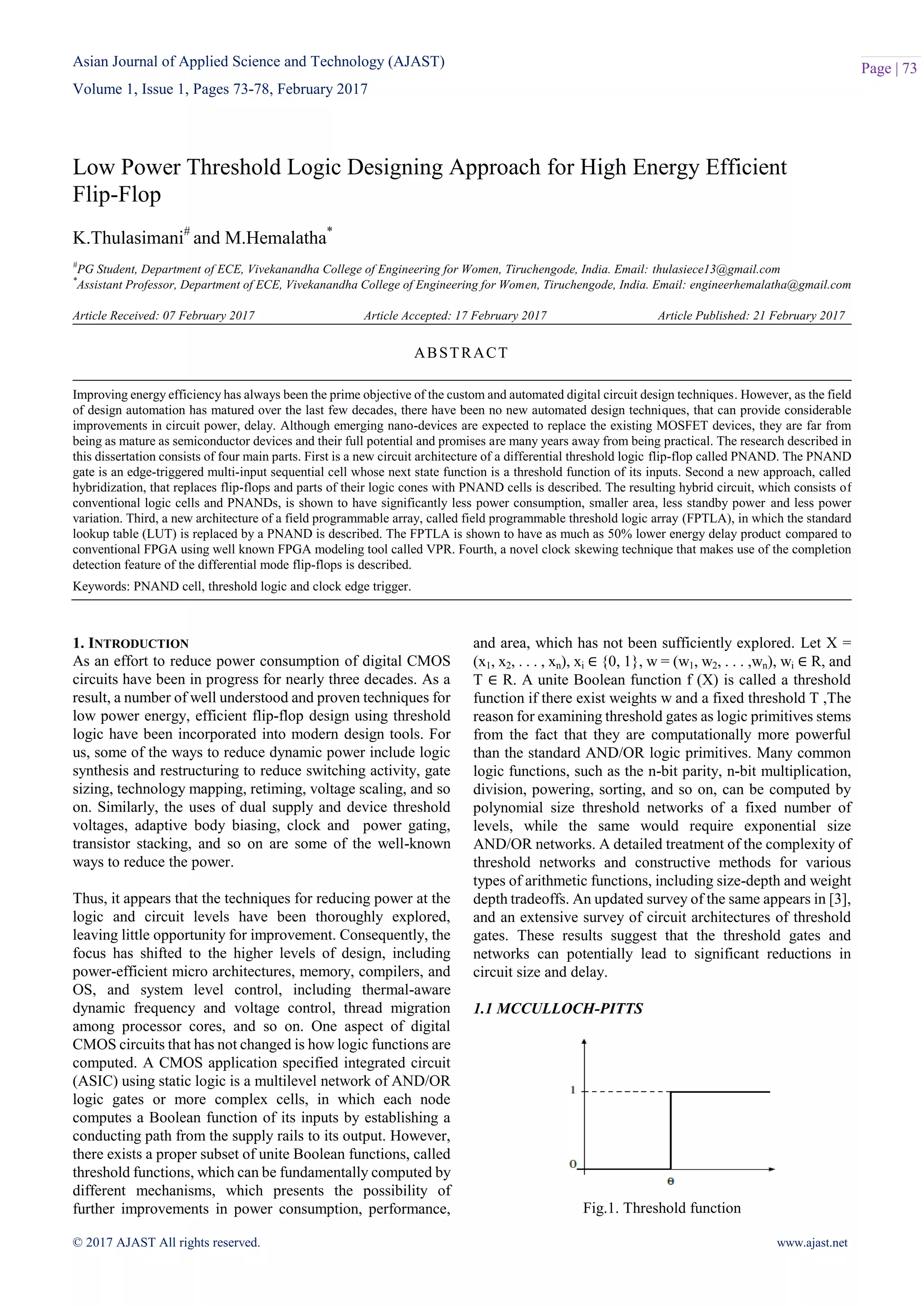 Low Power Threshold Logic Designing Approach for High Energy Efficient ...