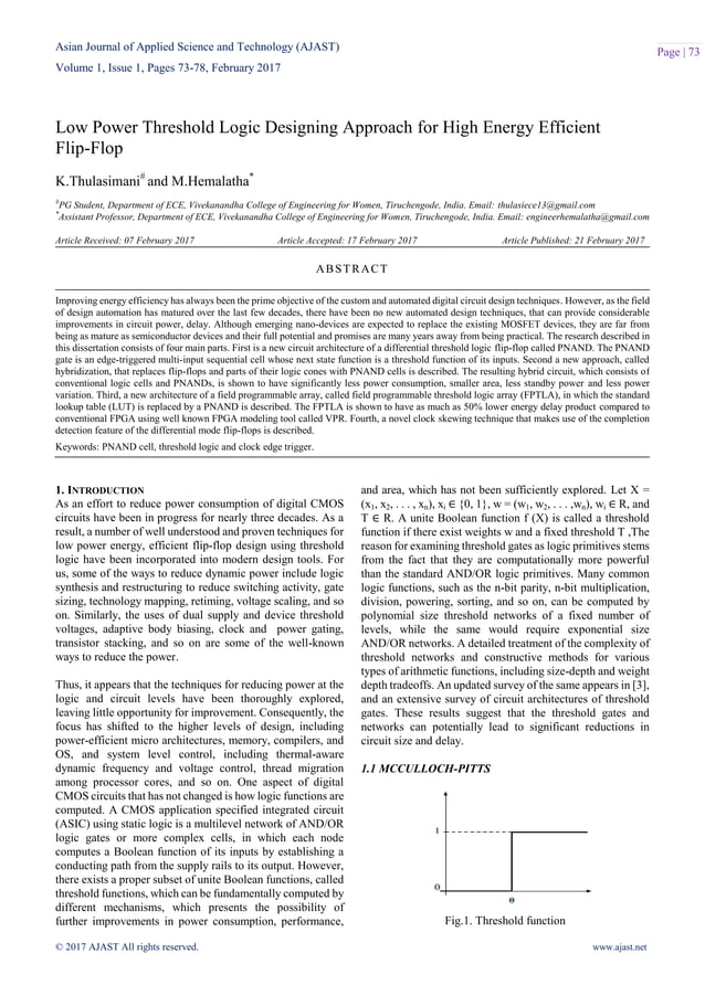 Low Power Threshold Logic Designing Approach for High Energy Efficient Flip-Flop | PDF