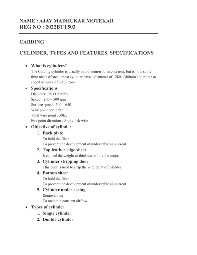 Cylinder of carding machine | DOCX