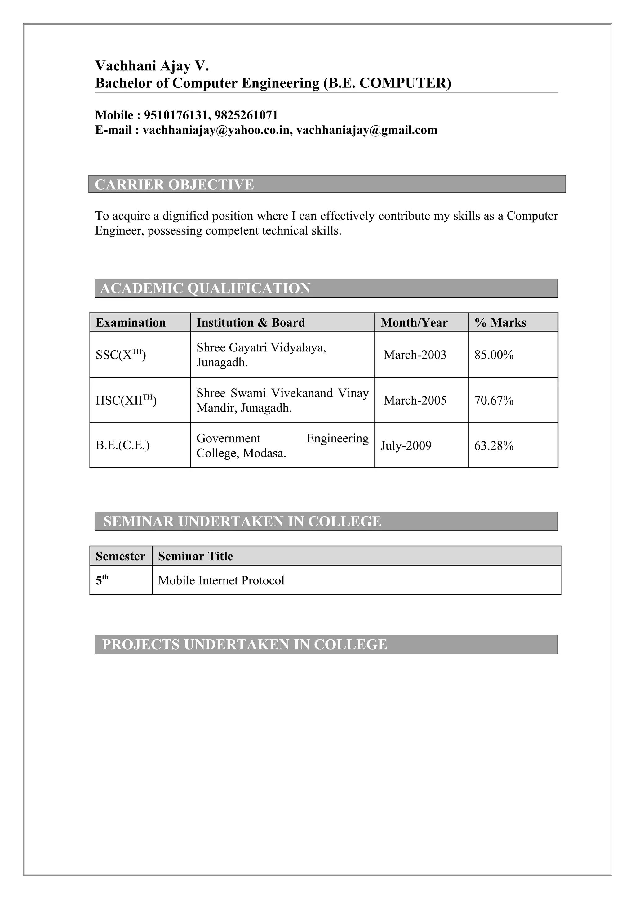 Ajay Resume for B. E. Computer Engineering | DOC