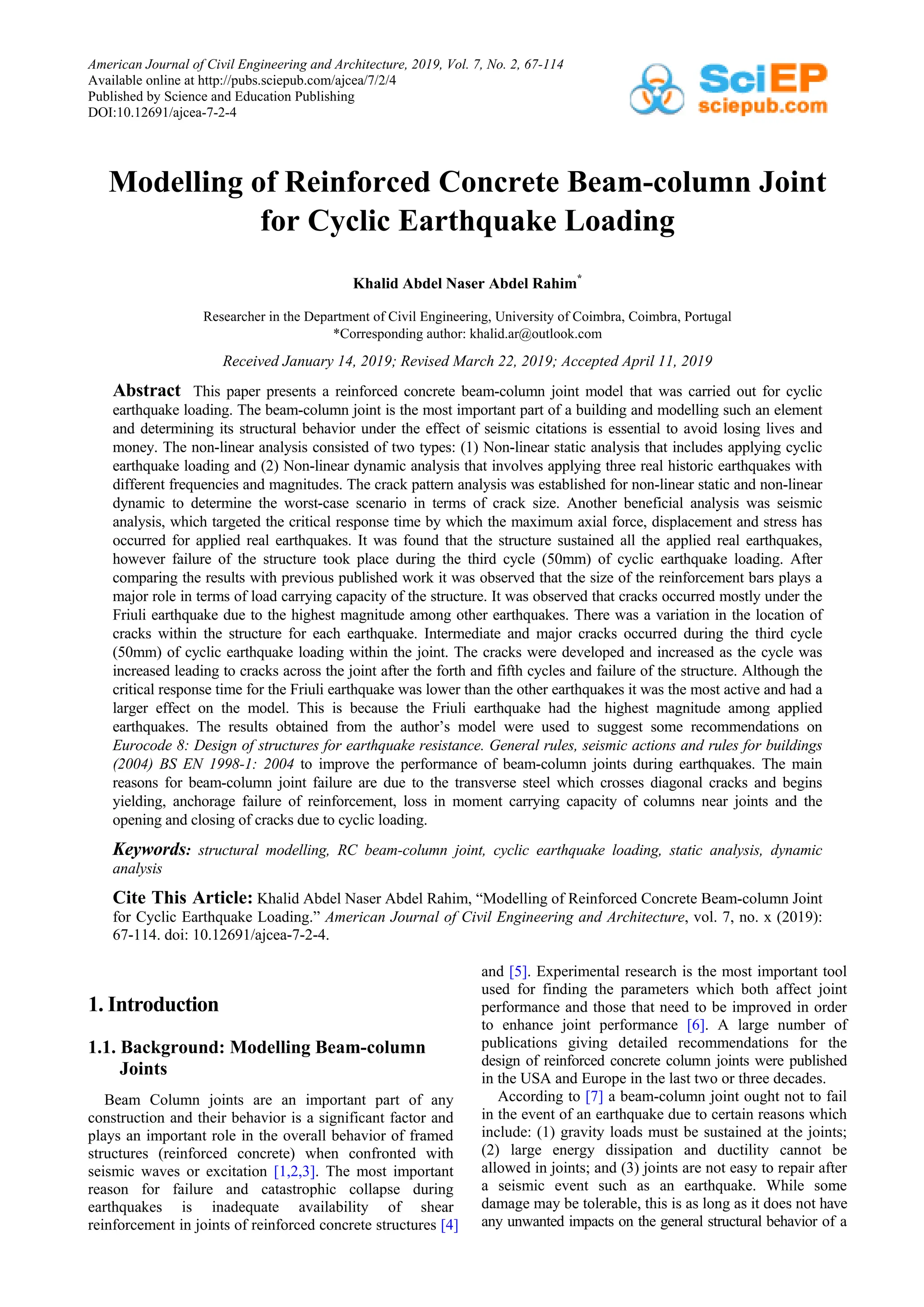 Modelling of Reinforced Concrete Beam-column Joint for Cyclic ...
