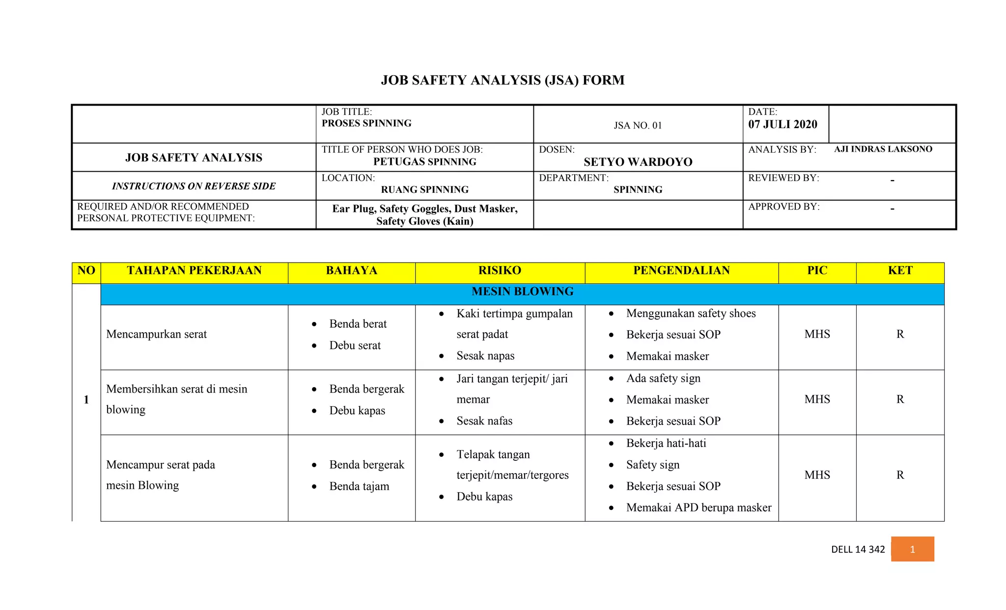 CONTOH JSA (JOB SAFETY ANALYSIS) K3 | PDF