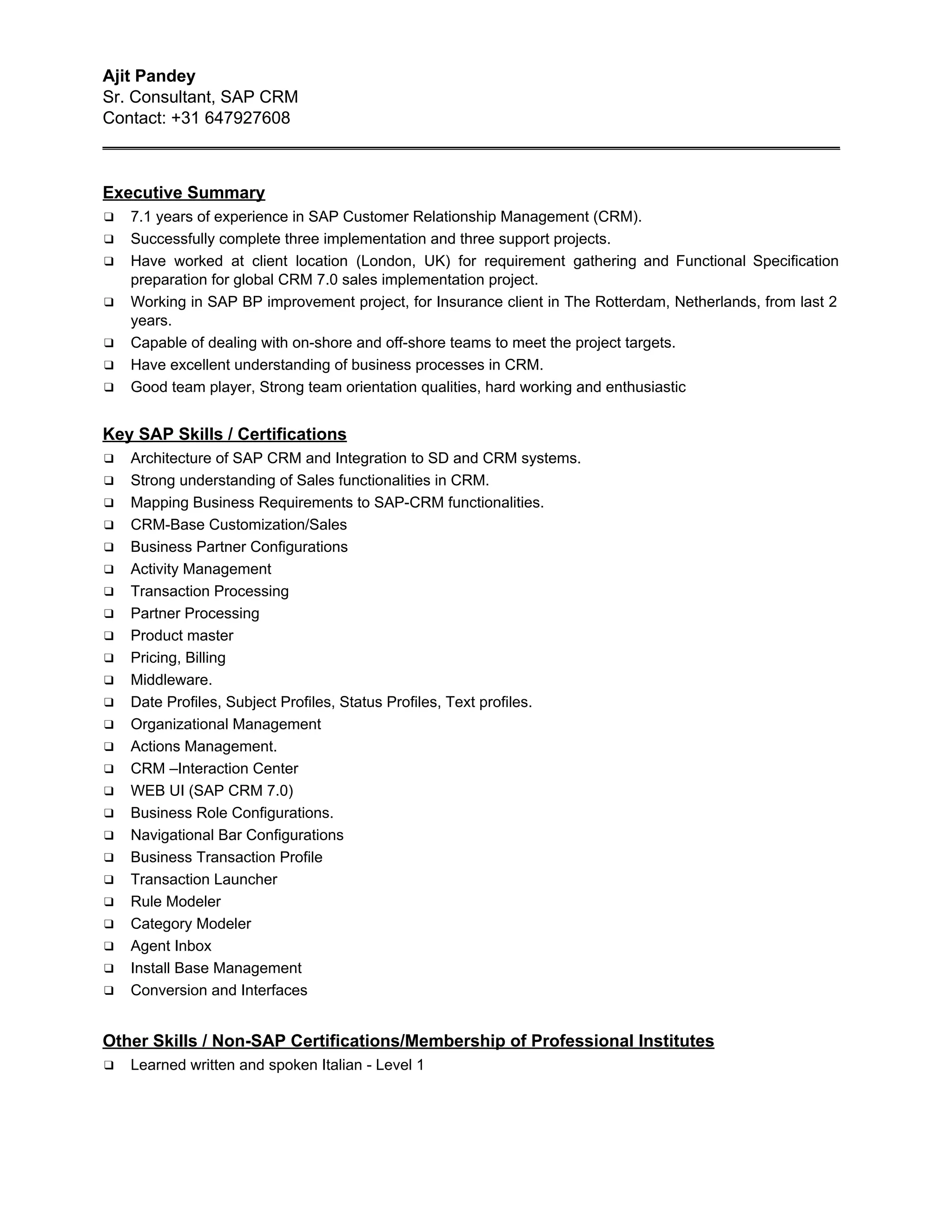 Ajit Pandey Sap Crm Functional Doc Management Consulting Industry Industries