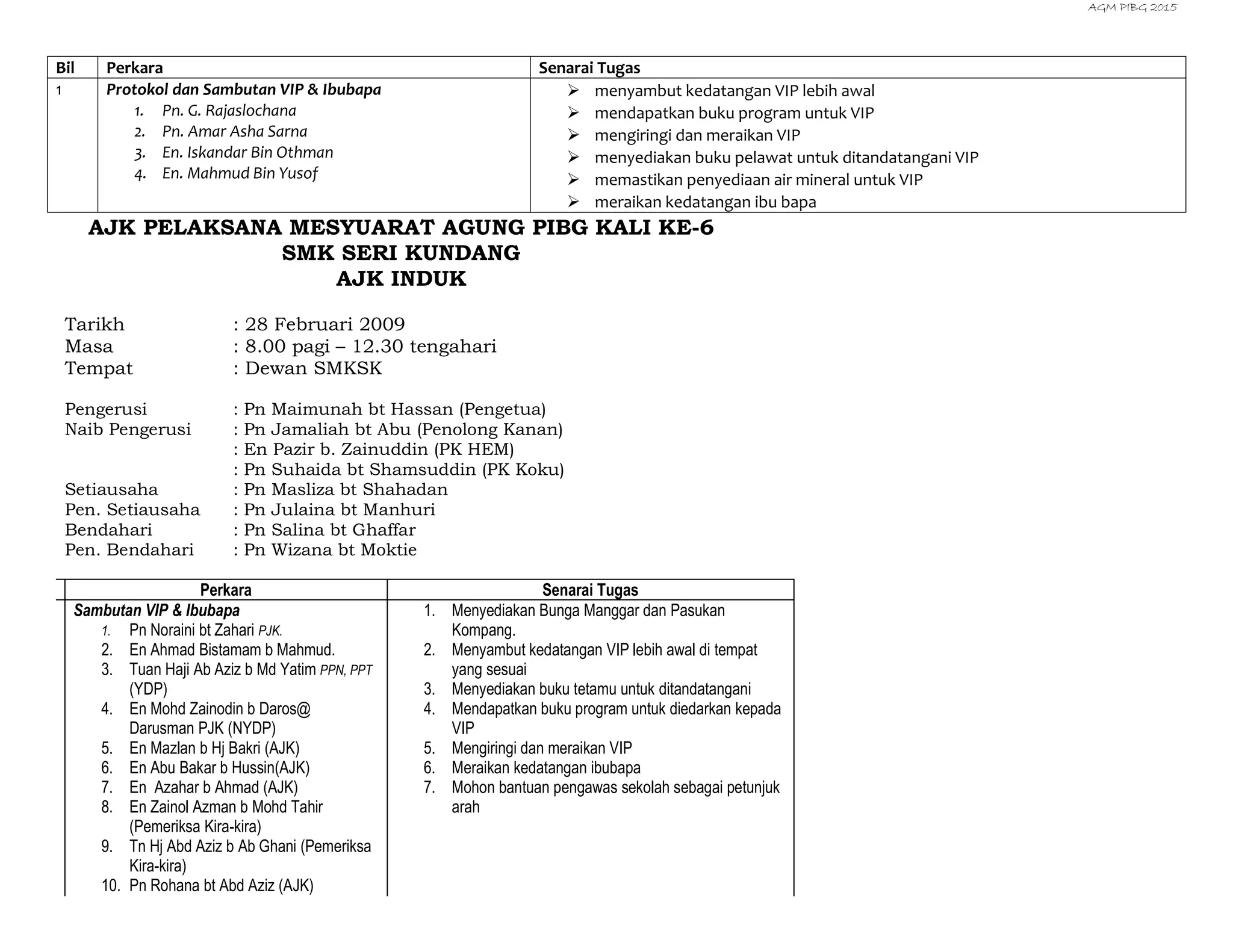 Ajk pelaksana mesyuarat agung pibg kali ke 43 | DOC