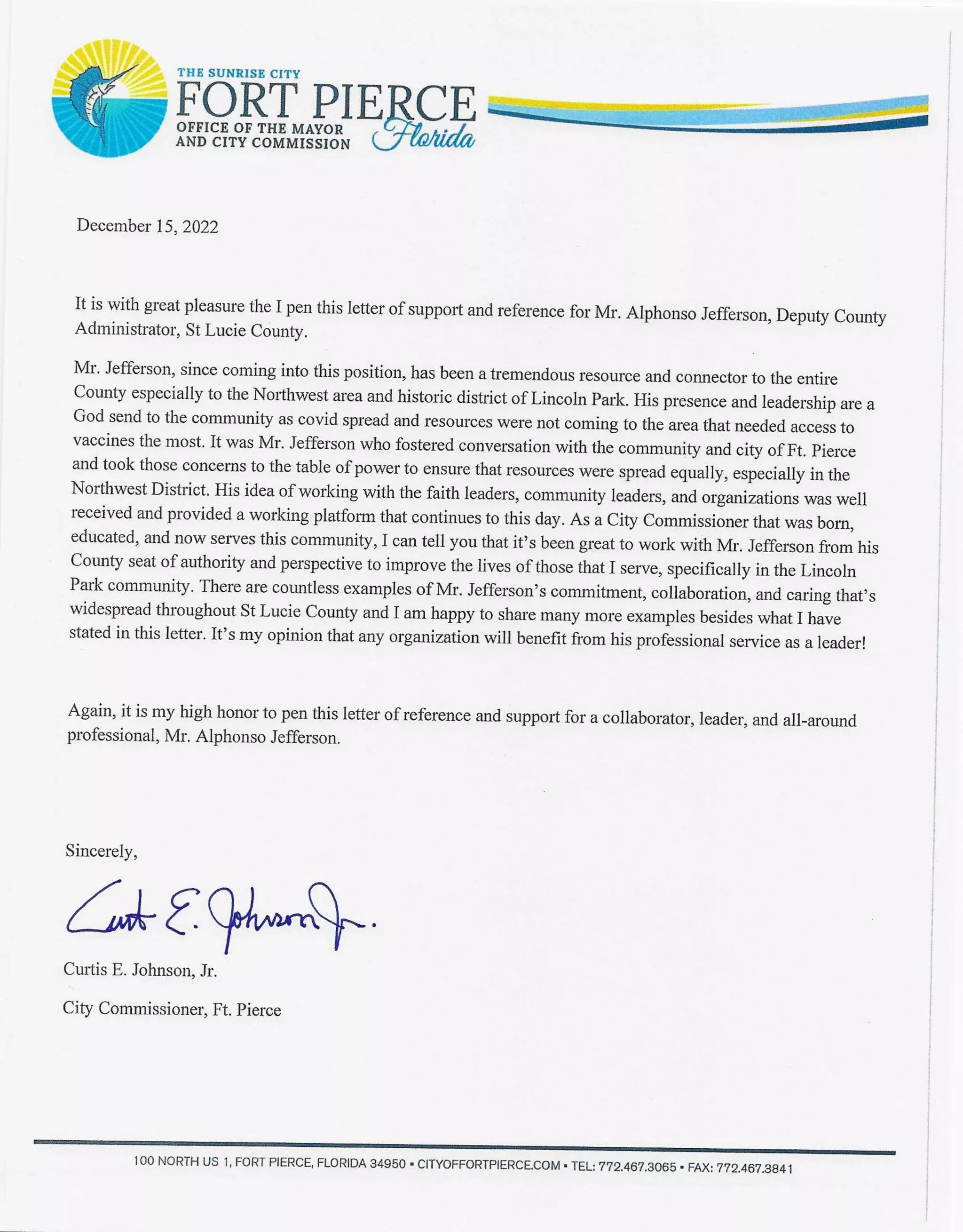 Letter of Recommendation from Commissioner Johnson | PDF