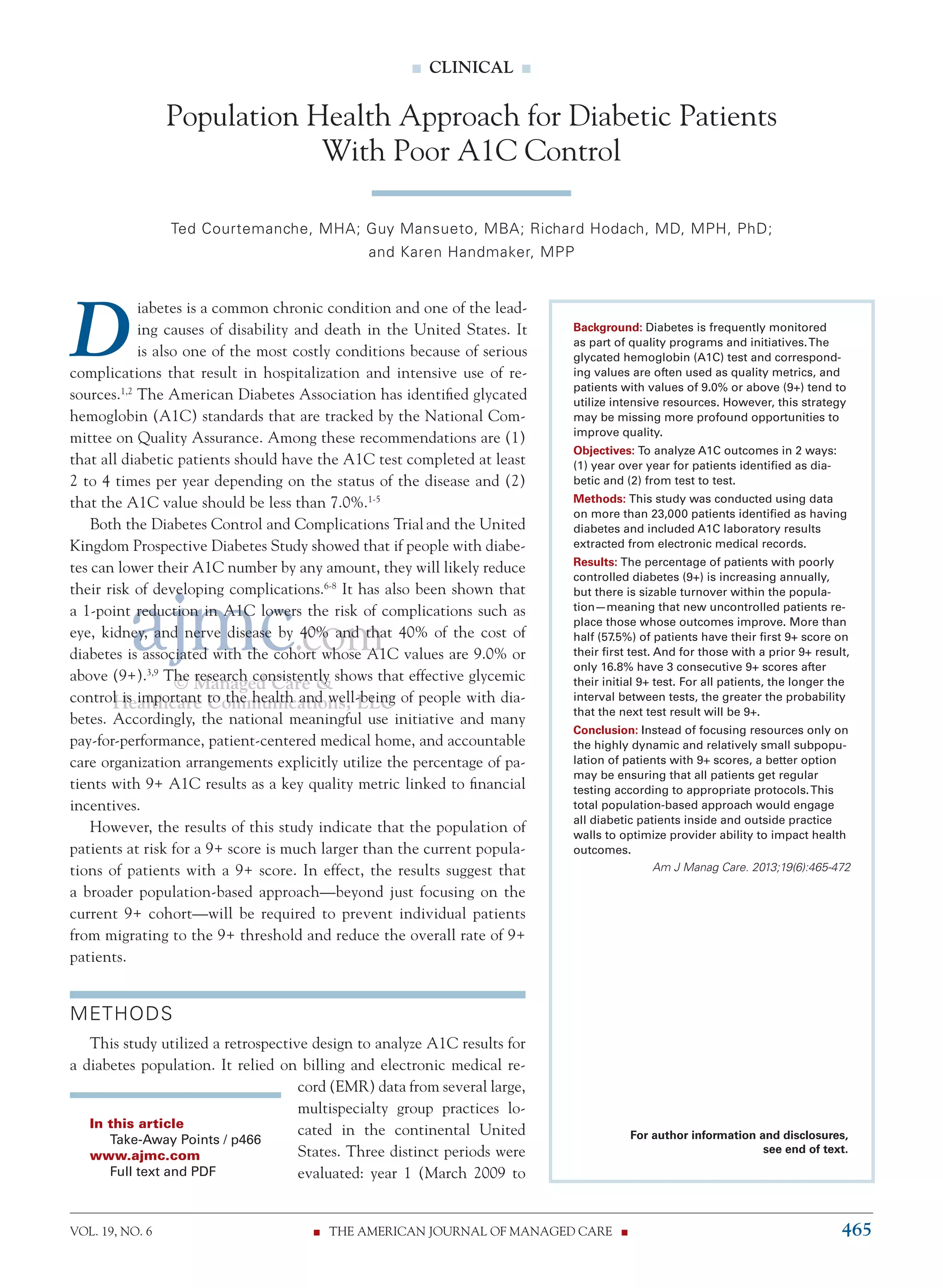 Population Health Approach for Diabetic Patients with Poor A1c Control ...