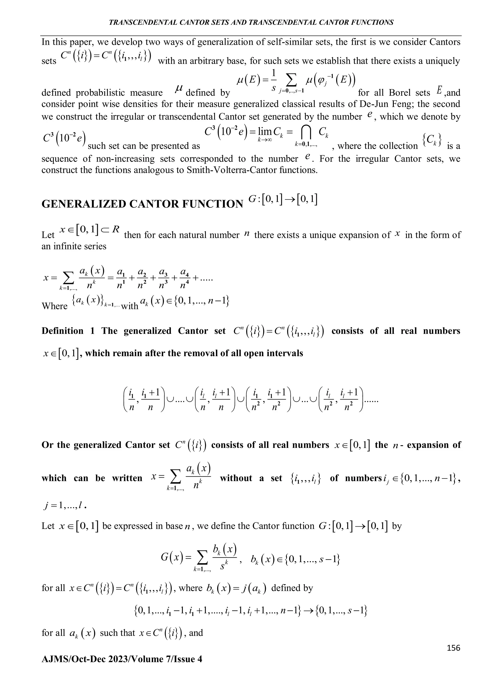 TRANSCENDENTAL CANTOR SETS AND TRANSCENDENTAL CANTOR FUNCTIONS | PDF