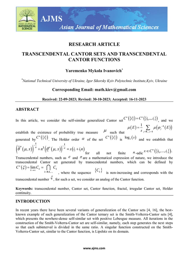 TRANSCENDENTAL CANTOR SETS AND TRANSCENDENTAL CANTOR FUNCTIONS | PDF