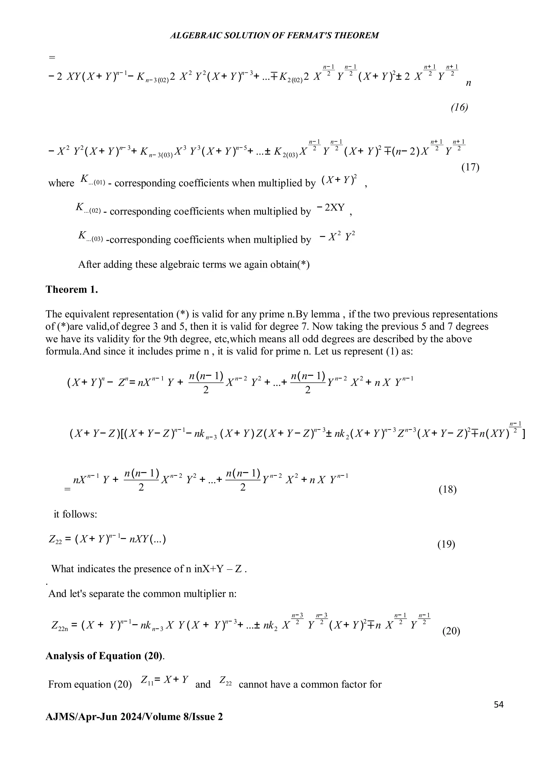ALGEBRAIC SOLUTION OF FERMAT'S THEOREM (MATHEMATICS, NUMBER THEORY) | PDF