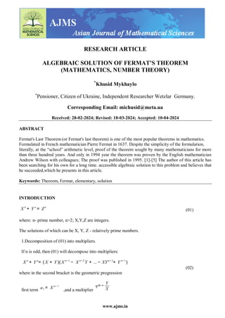 ALGEBRAIC SOLUTION OF FERMAT'S THEOREM (MATHEMATICS, NUMBER THEORY) | PDF