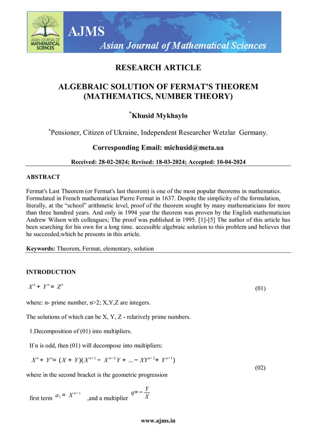 ALGEBRAIC SOLUTION OF FERMAT'S THEOREM (MATHEMATICS, NUMBER THEORY) | PDF