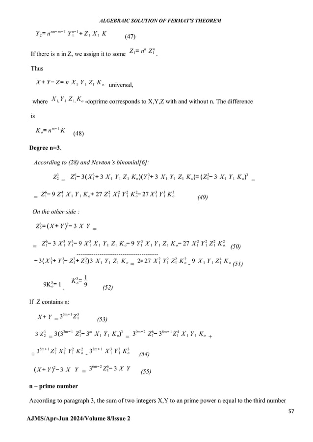 ALGEBRAIC SOLUTION OF FERMAT'S THEOREM (MATHEMATICS, NUMBER THEORY) | PDF