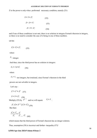 ALGEBRAIC SOLUTION OF FERMAT'S THEOREM (MATHEMATICS, NUMBER THEORY) | PDF