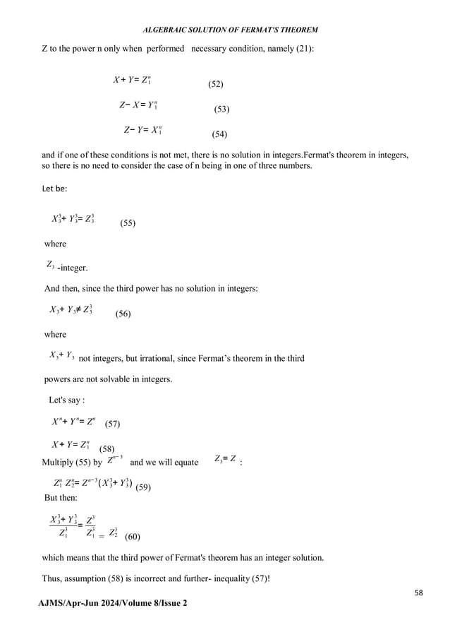 ALGEBRAIC SOLUTION OF FERMAT'S THEOREM (MATHEMATICS, NUMBER THEORY) | PDF