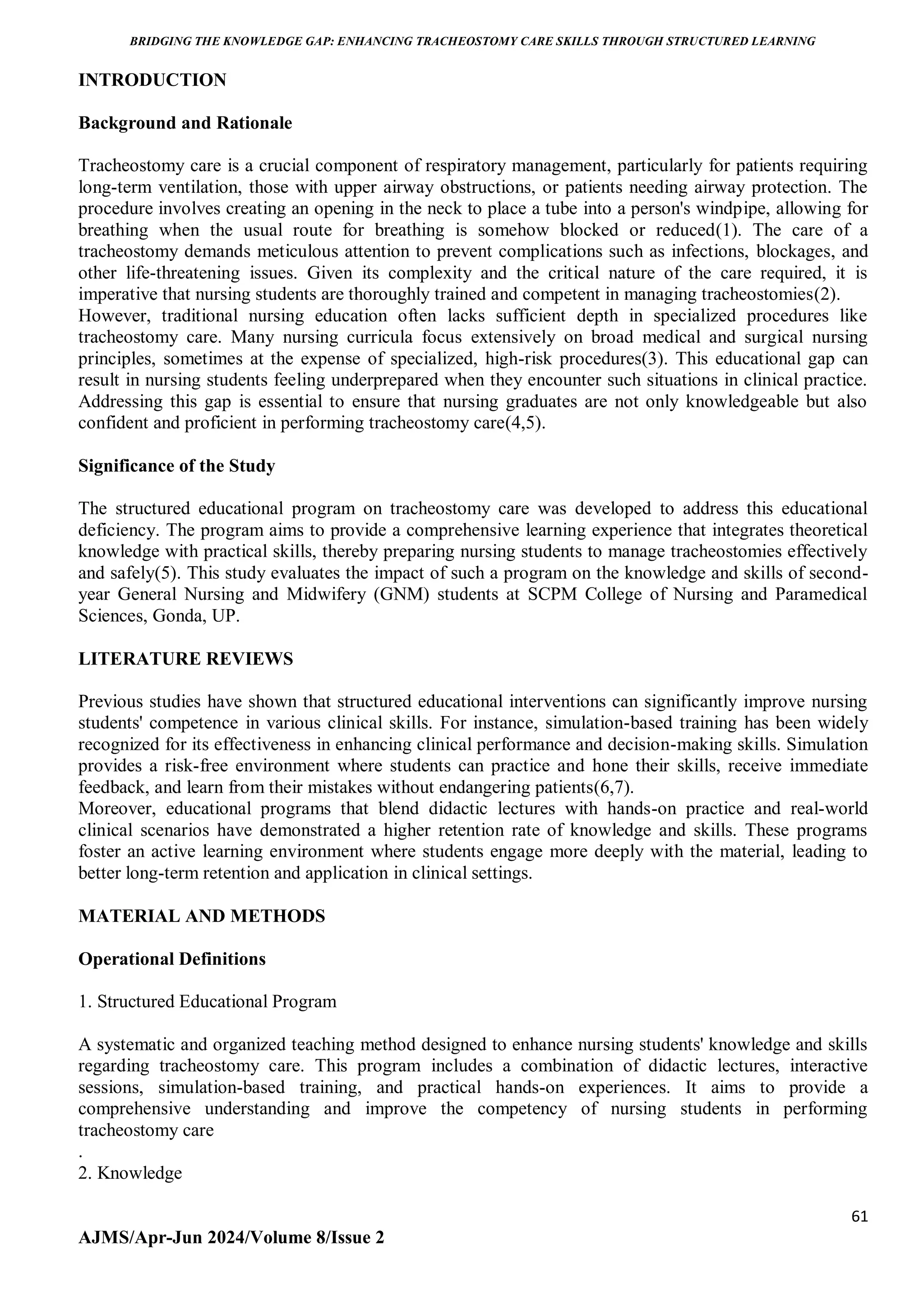 BRIDGING THE KNOWLEDGE GAP: ENHANCING TRACHEOSTOMY CARE SKILLS THROUGH STRUCTURED LEARNING | PDF