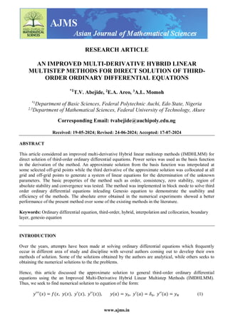 AN IMPROVED MULTI-DERIVATIVE HYBRID LINEAR MULTISTEP METHODS FOR DIRECT SOLUTION OF THIRDORDER ...