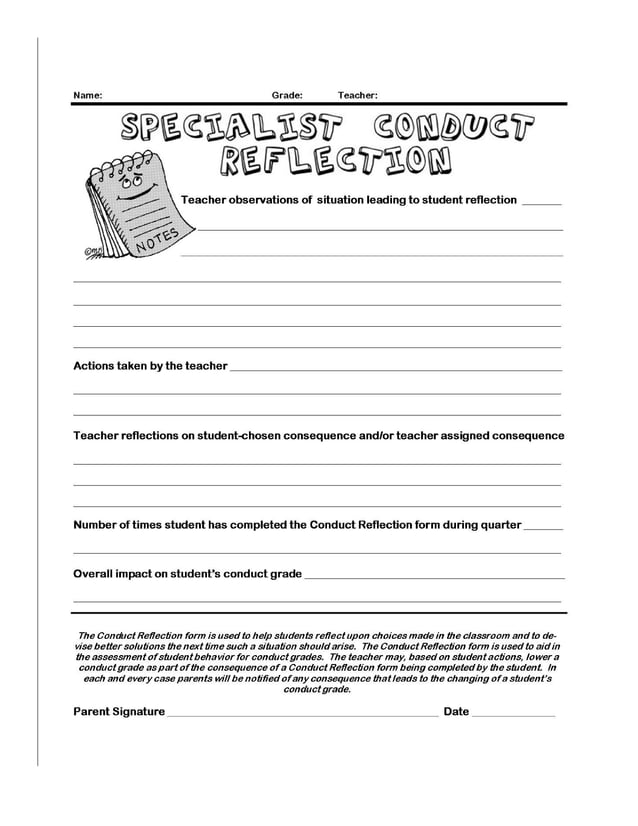 Conduct Reflection Forms, Middle School | DOC