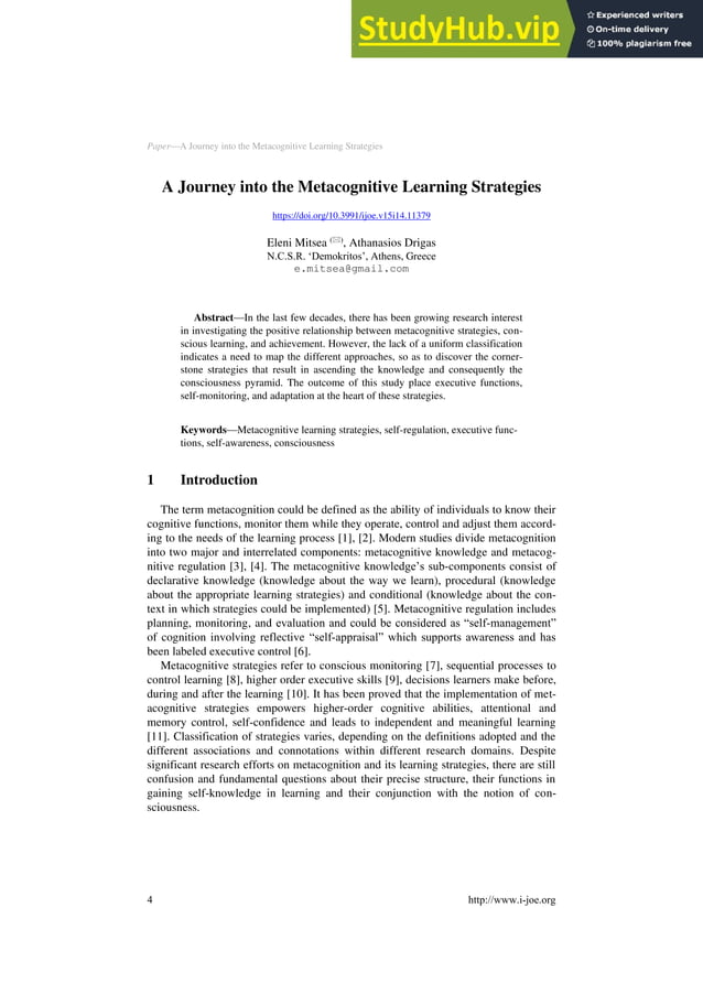 A Journey Into The Metacognitive Learning Strategies | PDF