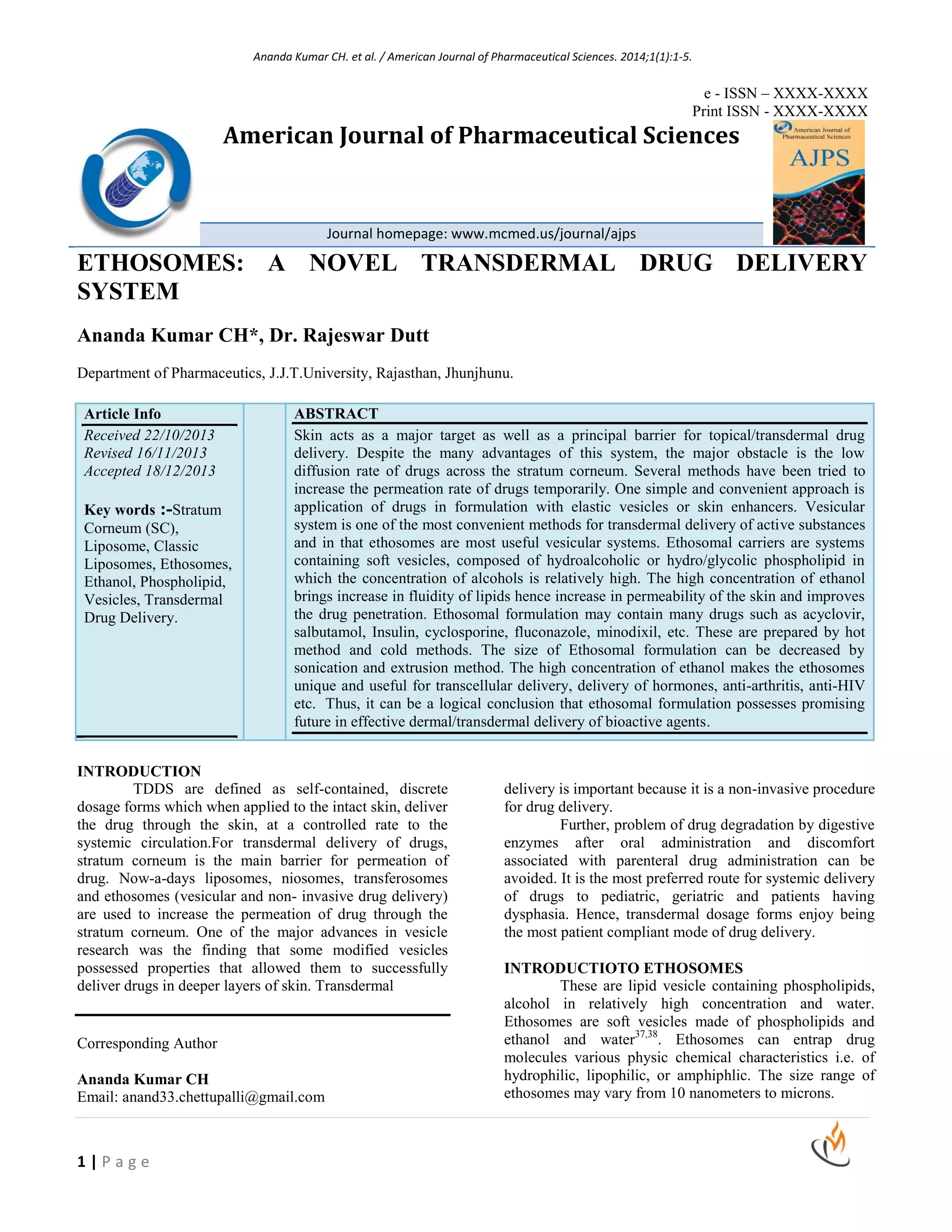ETHOSOMES: A NOVEL TRANSDERMAL DRUG DELIVERY SYSTEM | PDF