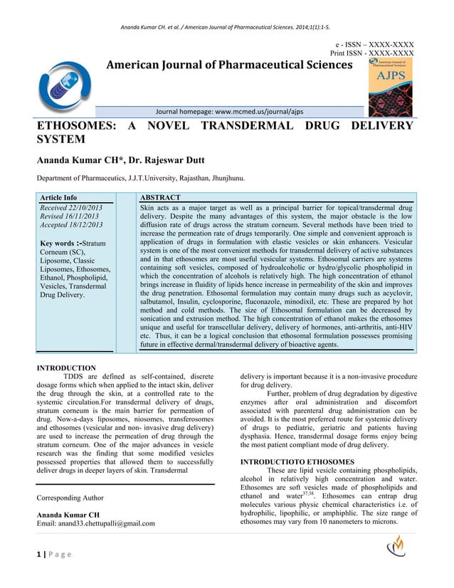 ETHOSOMES: A NOVEL TRANSDERMAL DRUG DELIVERY SYSTEM | PDF | Skin Care ...