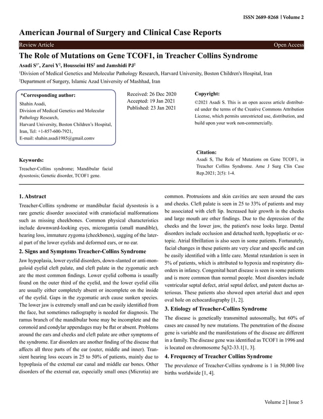 The Role of Mutations on Gene TCOF1, in Treacher Collins Syndrome | PDF