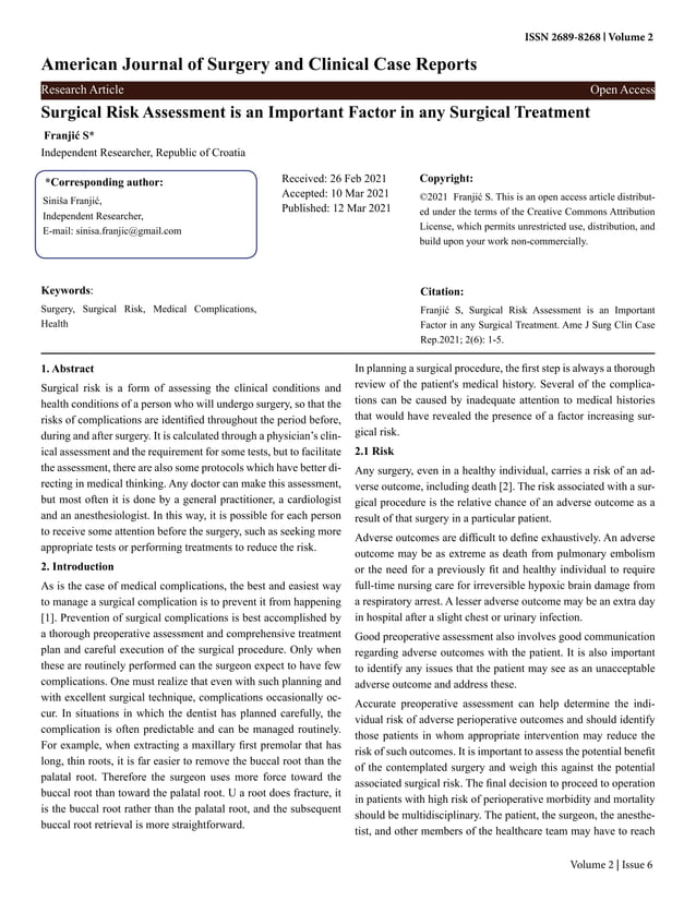 Surgical Risk Assessment is an Important Factor in any Surgical ...